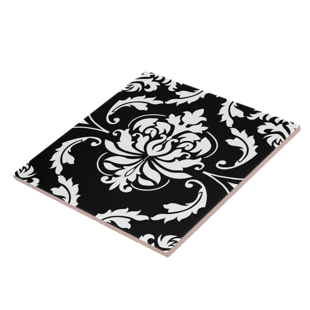 Diamond Damask in White on Black Ceramic Tile | Zazzle