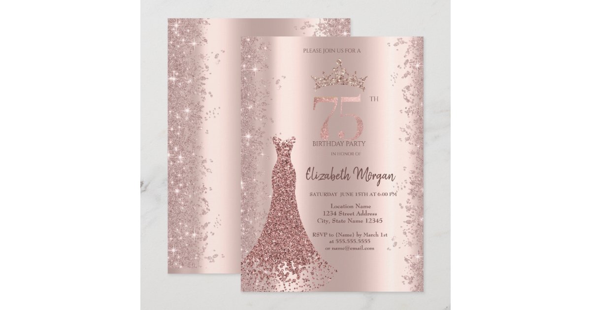Diamond Dress Rose Gold Glitter Dust 75th Birthday Invitation | Zazzle