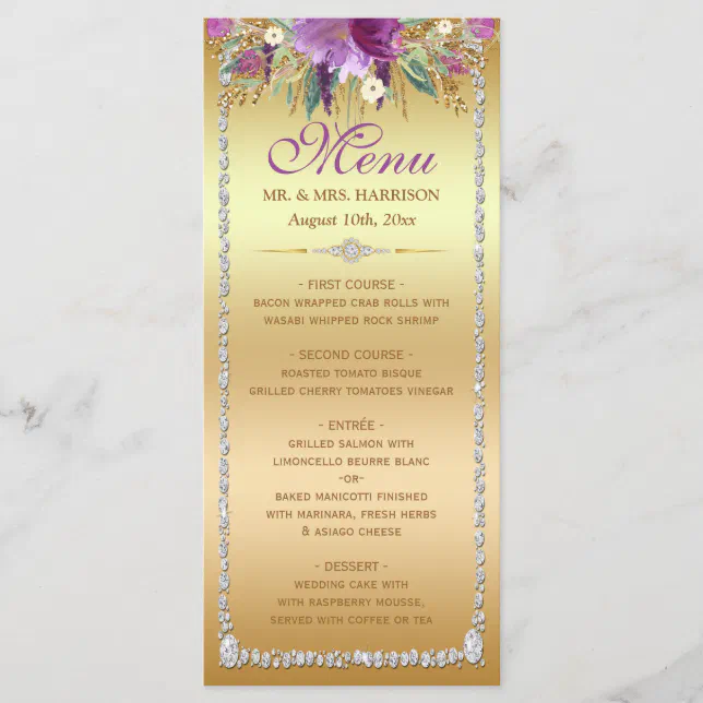 Diamond Glitter Watercolor Flowers Gold Menu | Zazzle