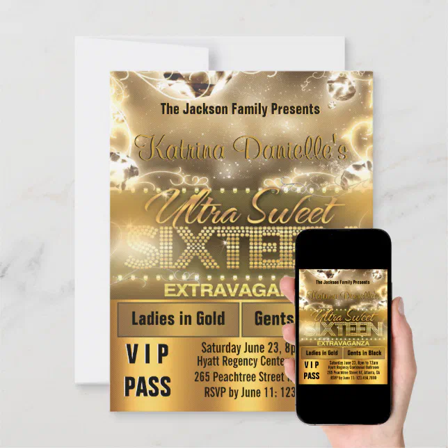 Diamond Glow Sweet Sixteen VIP Pass Invite [Gold] | Zazzle