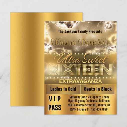 Diamond Glow Sweet Sixteen VIP Pass Invite [Gold] | Zazzle