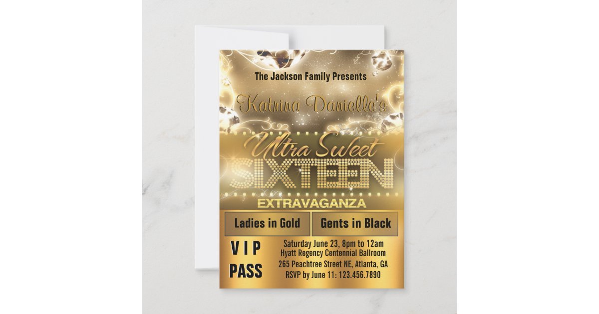 Diamond Glow Sweet Sixteen VIP Pass Invite [Gold] | Zazzle
