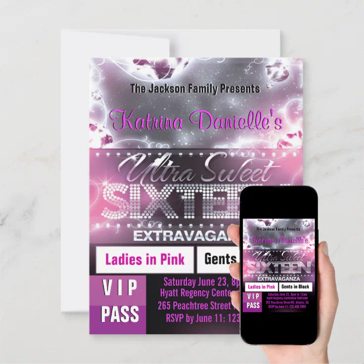 Diamond Glow Sweet Sixteen VIP Pass Invite [Pink] | Zazzle