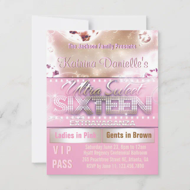 Diamond Glow Sweet Sixteen VIP Pass [Pink Champ] Invitation | Zazzle