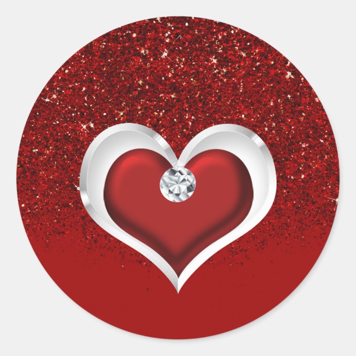 Diamond Heart Red Glitter Sparkle Glam Modern Classic Round Sticker ...