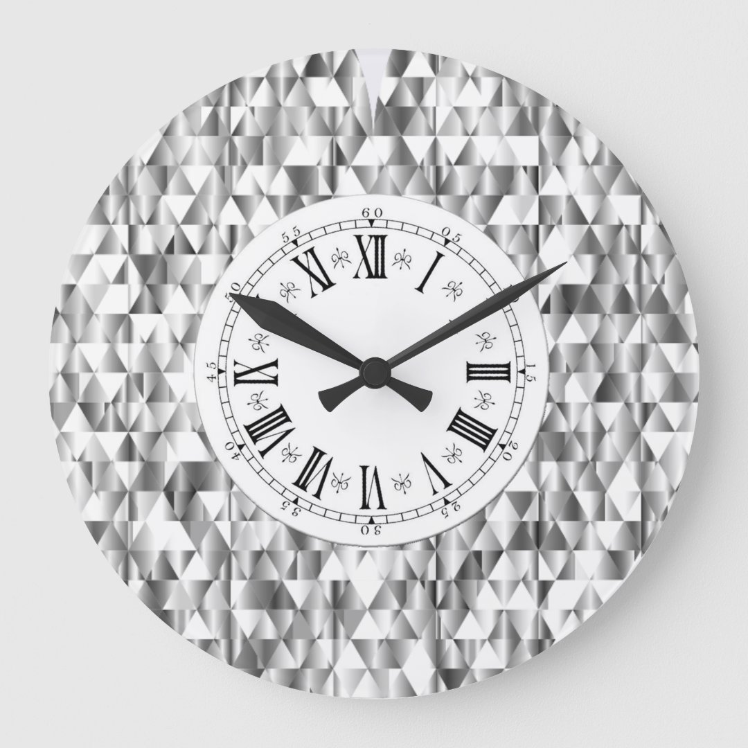 Diamond look faux silver shine Roman numeral bling Large Clock | Zazzle