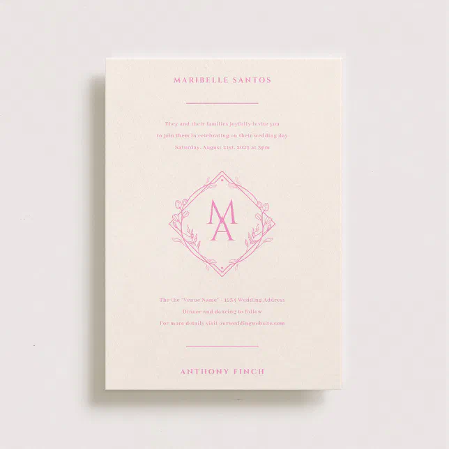 Diamond Monogram With Flowers in Pink Wedding Invitation | Zazzle