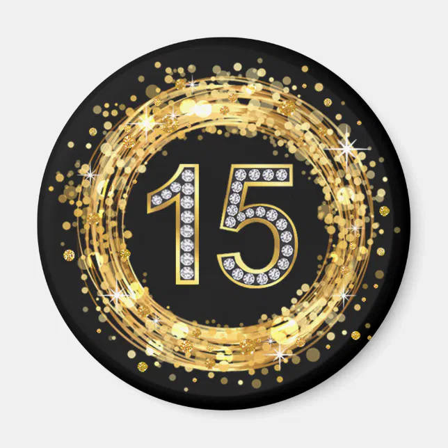 Diamond Number 15 Glitter Bling Confetti | gold Magnet | Zazzle