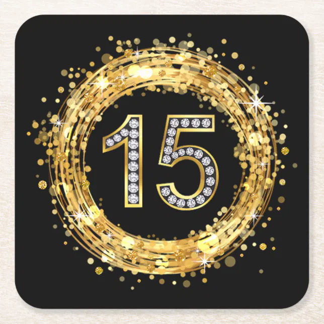 Diamond Number 15 Glitter Bling Confetti | gold Square Paper Coaster ...