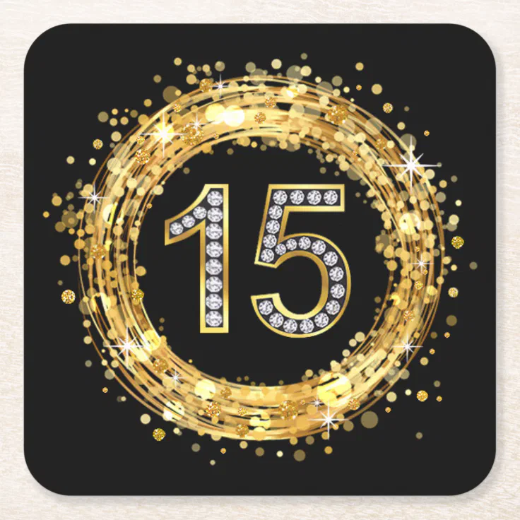 Diamond Number 15 Glitter Bling Confetti | gold Square Paper Coaster ...