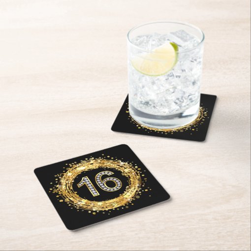 Diamond Number 16 Glitter Bling Confetti | gold Square Paper Coaster ...