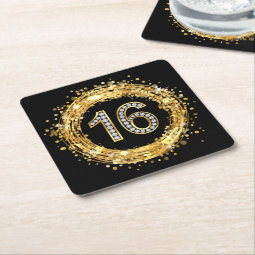 Diamond Number 16 Glitter Bling Confetti | gold Square Paper Coaster ...
