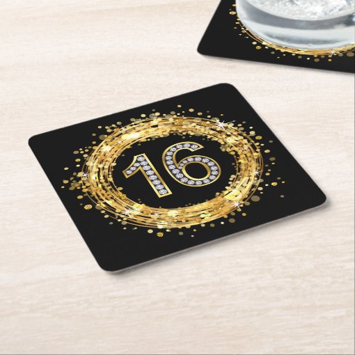 Diamond Number 16 Glitter Bling Confetti | gold Square Paper Coaster ...