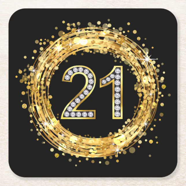 Diamond Number 21 Glitter Bling Confetti | gold Square Paper Coaster ...