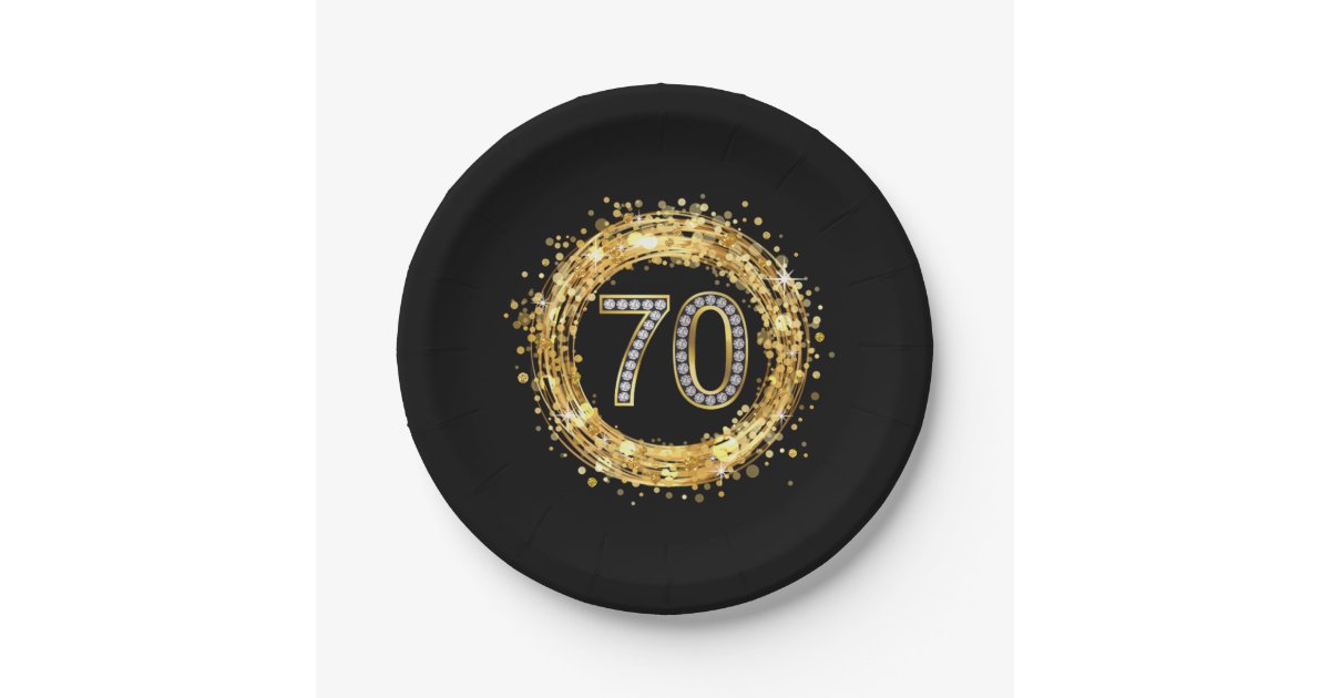 Diamond Number 70 Glitter Bling Confetti | gold Paper Plates | Zazzle