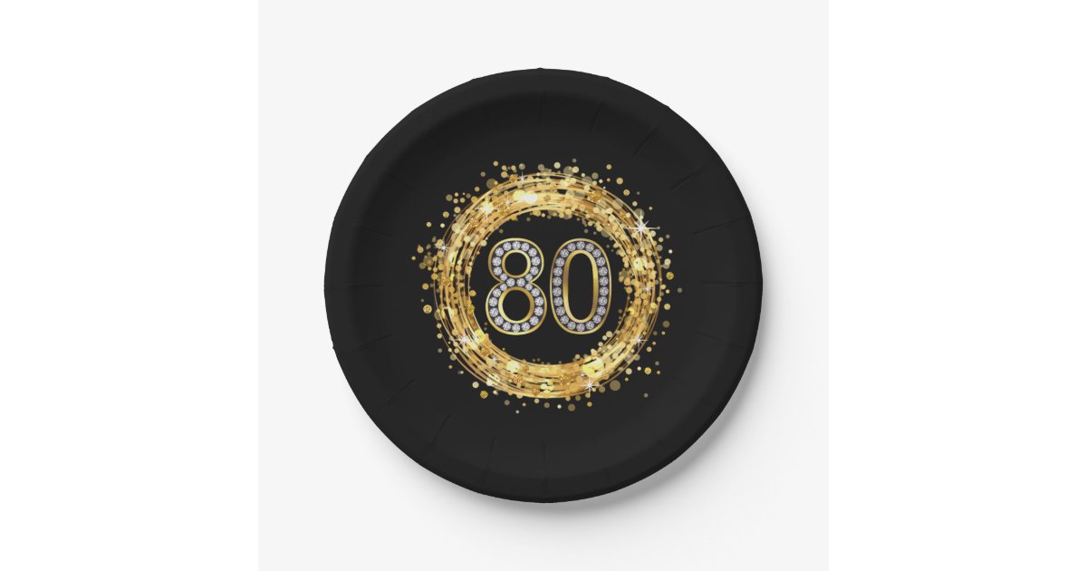 Diamond Number 80 Glitter Bling Confetti | gold Paper Plates | Zazzle