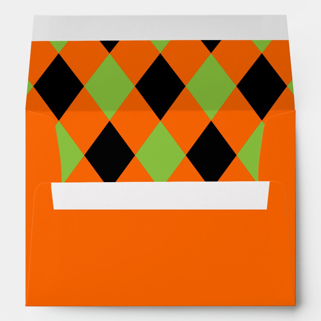 Diamond Pattern Black and Green on Orange Envelope | Zazzle