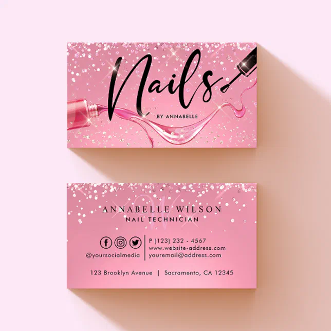 Diamond Pink Sparkly Nail Technician Monogram Business Card | Zazzle