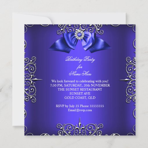 Diamond Royal Blue Purple Silver Elegant Birthday Invitation | Zazzle
