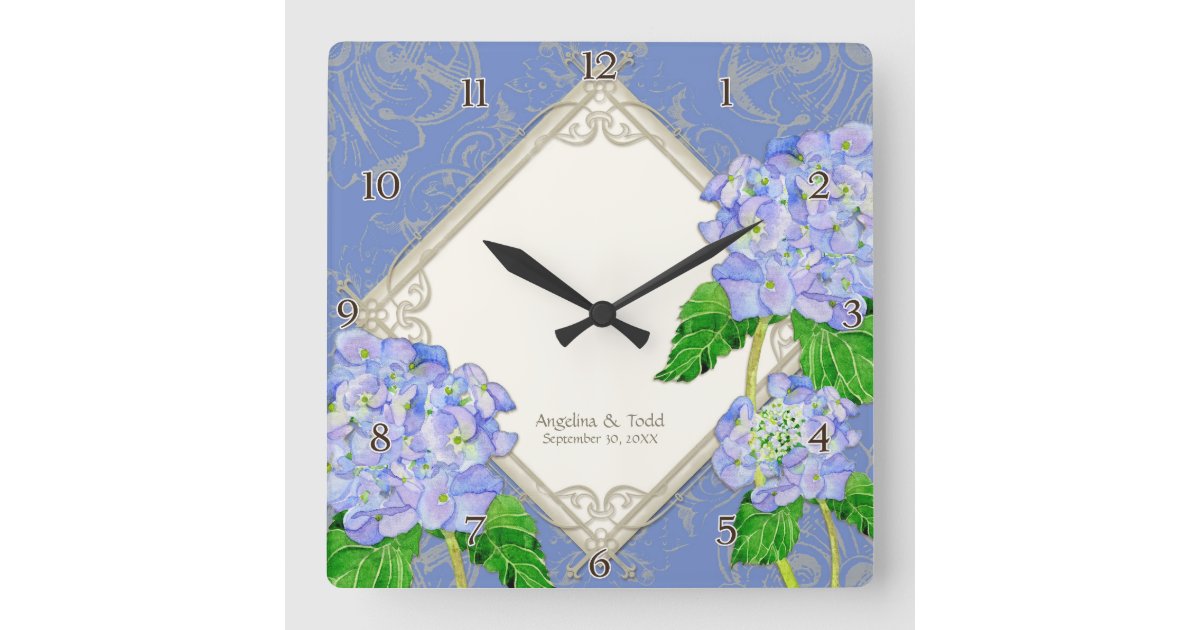 Diamond Swirl Blue Hydrangea Wedding Anniversary Square Wall Clock | Zazzle