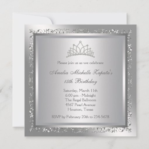 Diamond Tiara Elegant Silver Damask Quinceanera Invitation | Zazzle