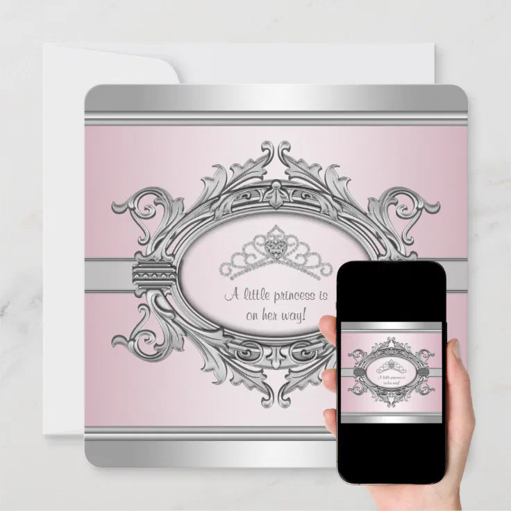 Diamond Tiara Gray Pink Princess Baby Girl Shower Invitation | Zazzle