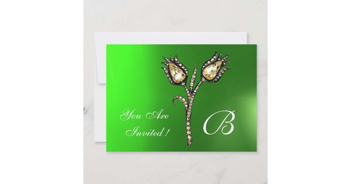 DIAMOND TULIPS MONOGRAM ,Green Emerald Invitation | Zazzle