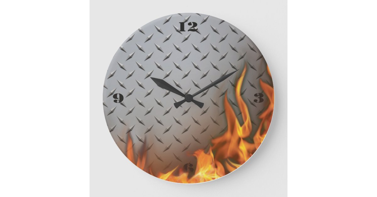 Diamondplate Metal and Fire Wall Clock | Zazzle