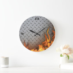 Diamondplate Metal and Fire Wall Clock | Zazzle