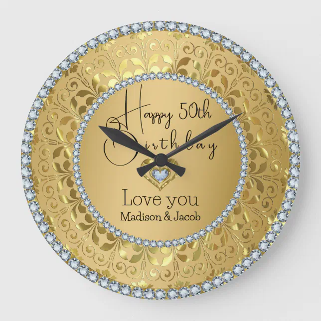 Diamonds And Gold 50th Birthday Large Clock | Zazzle