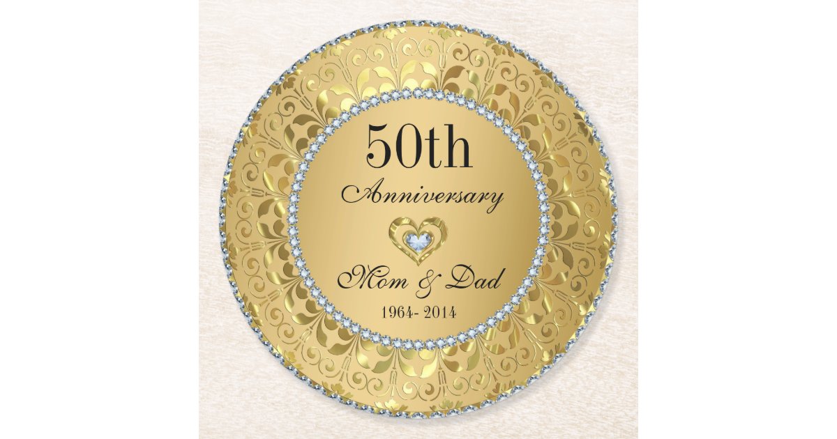 Diamonds And Gold Damask. 50th Wedding Anniversary Round Paper Coaster ...
