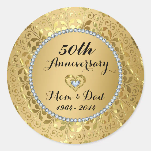 Diamonds & Gold 50th Wedding Anniversary Classic Round Sticker | Zazzle
