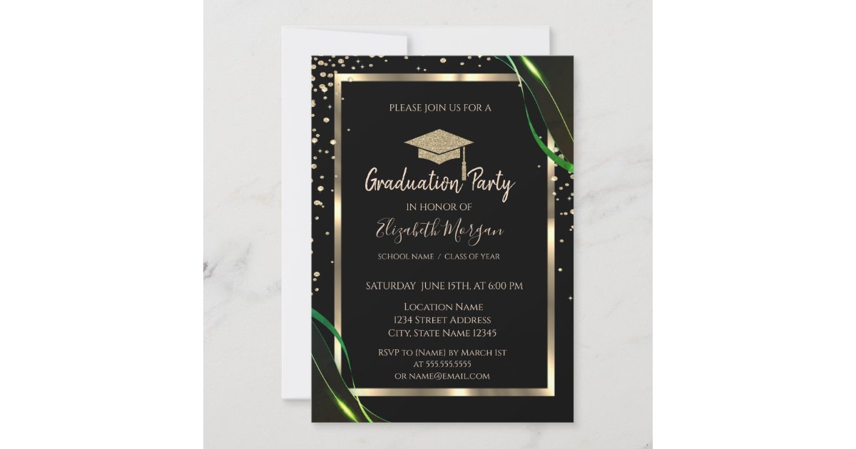 Diamonds Gold Grad Cap Green Black Graduation Invitation | Zazzle