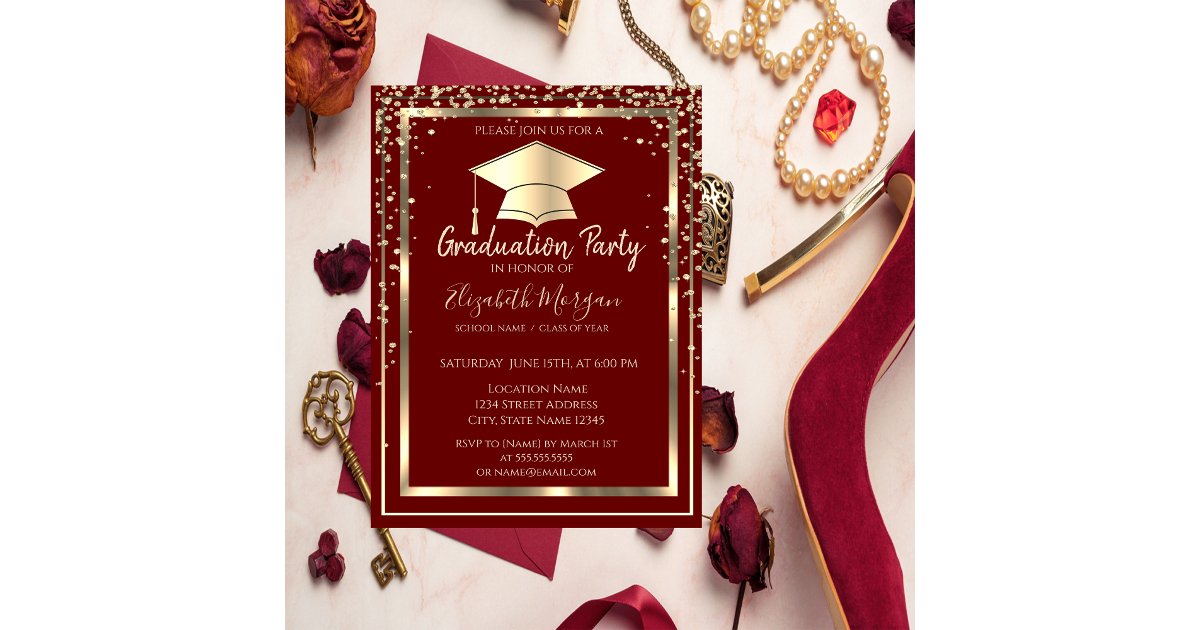 Diamonds Gold Grad Cap Red Graduation Invitation | Zazzle