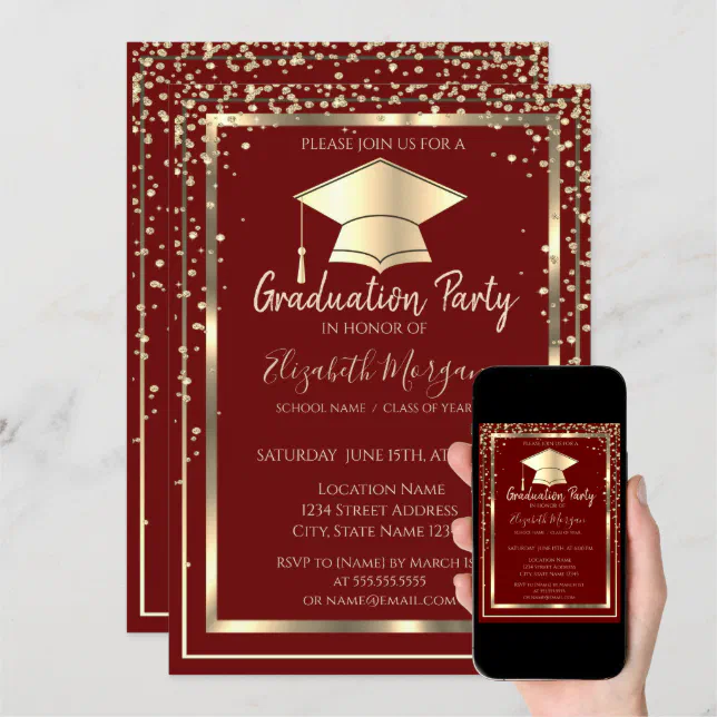 Diamonds Gold Grad Cap Red Graduation Invitation | Zazzle