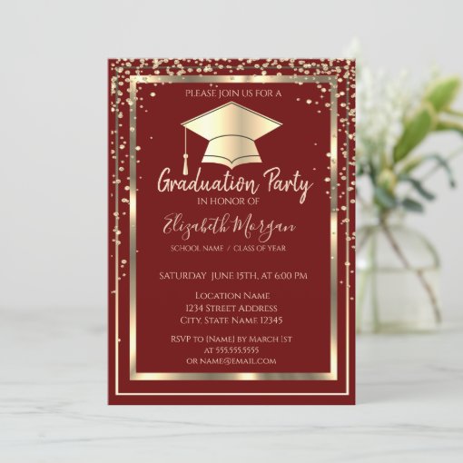Diamonds Gold Grad Cap Red Graduation Invitation | Zazzle