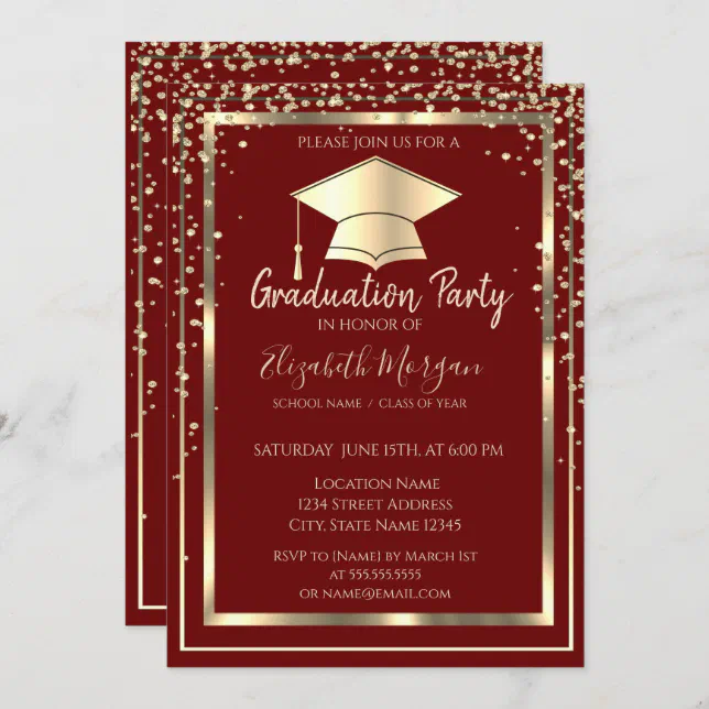 Diamonds Gold Grad Cap Red Graduation Invitation | Zazzle