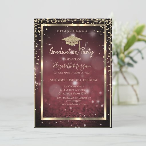 Diamonds Gold Graduation Cap Dark Red Graduation Invitation | Zazzle
