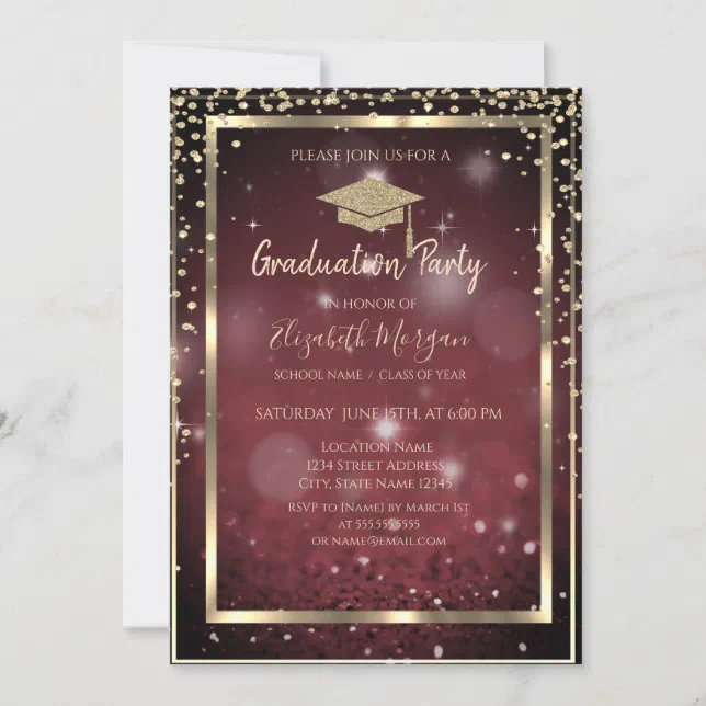 Diamonds Gold Graduation Cap Dark Red Graduation Invitation | Zazzle