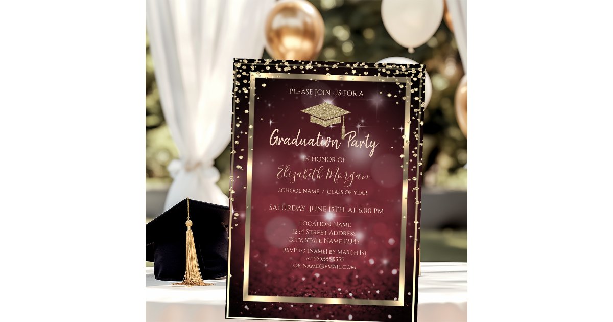 Diamonds Gold Graduation Cap Dark Red Graduation Invitation | Zazzle