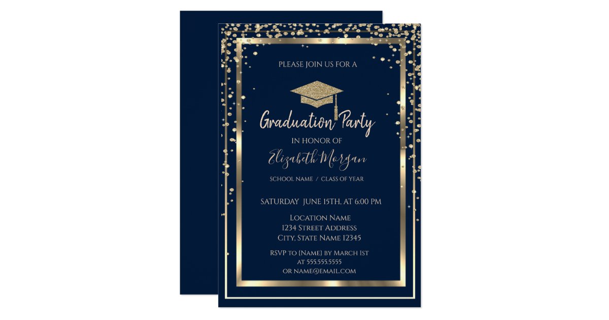 Diamonds Gold Graduation Cap Navy Blue Graduation Invitation | Zazzle.com