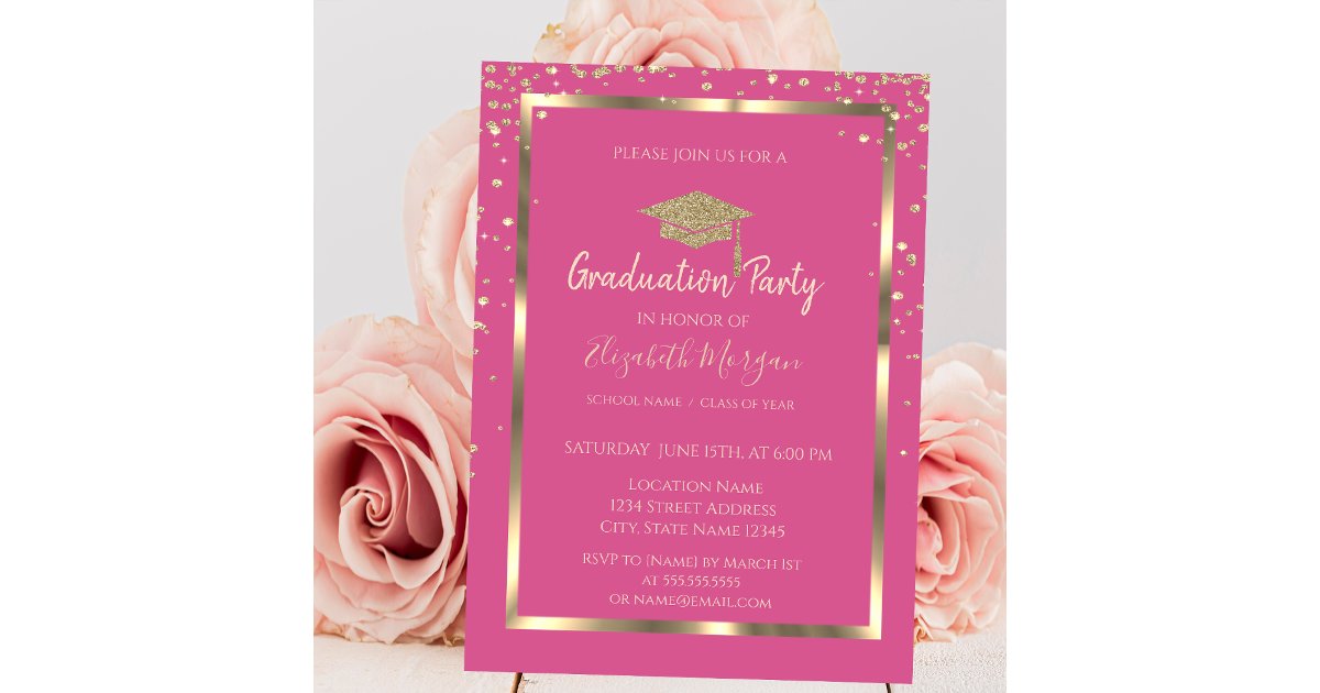 Diamonds Gold Graduation Cap Pink Graduation Invitation | Zazzle