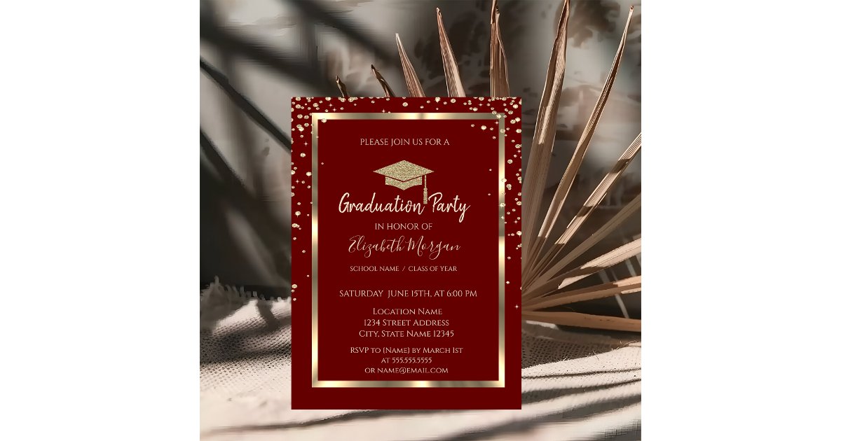 Diamonds Gold Graduation Cap Red Graduation Invitation | Zazzle