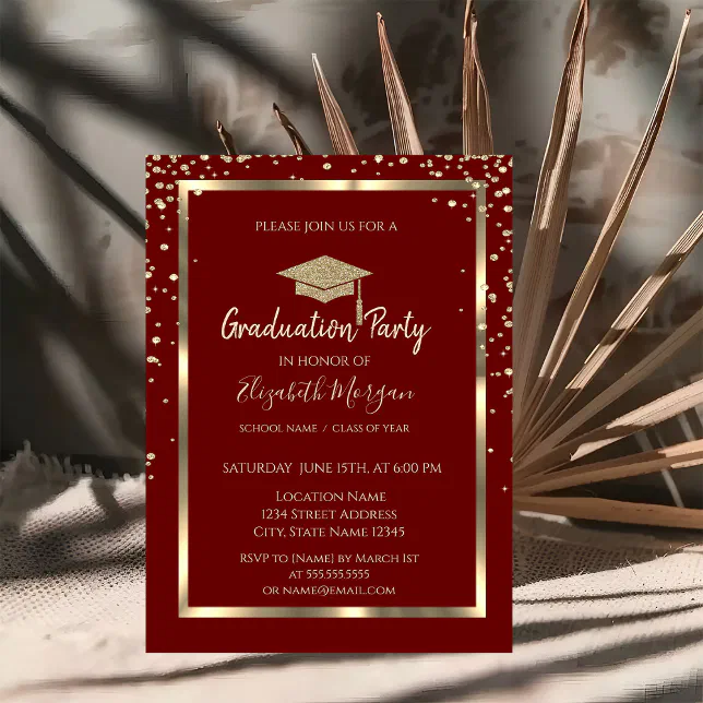Diamonds Gold Graduation Cap Red Graduation Invitation | Zazzle