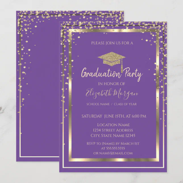 Diamonds Gold Graduation Cap Violet Graduation Invitation | Zazzle