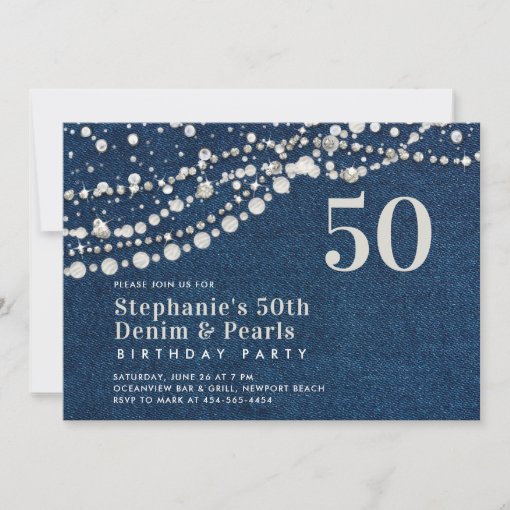 Diamonds Pearls Denim Elegant Classy 50th Birthday Invitation | Zazzle