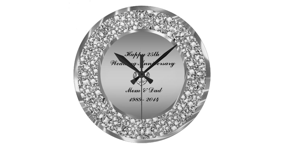 Diamonds & Silver 25th Wedding Anniversary Large Clock | Zazzle.com