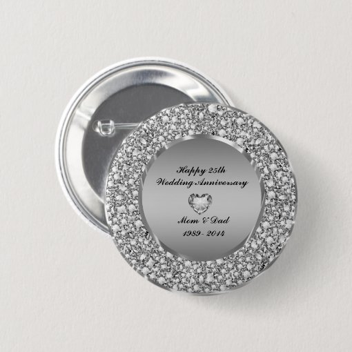 Diamonds & Silver 25th Wedding Anniversary Pinback Button | Zazzle