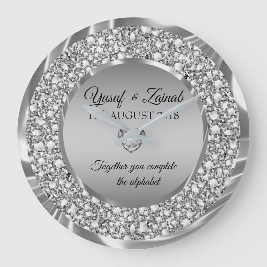 Diamonds & Silver Wedding Gift Large Clock | Zazzle