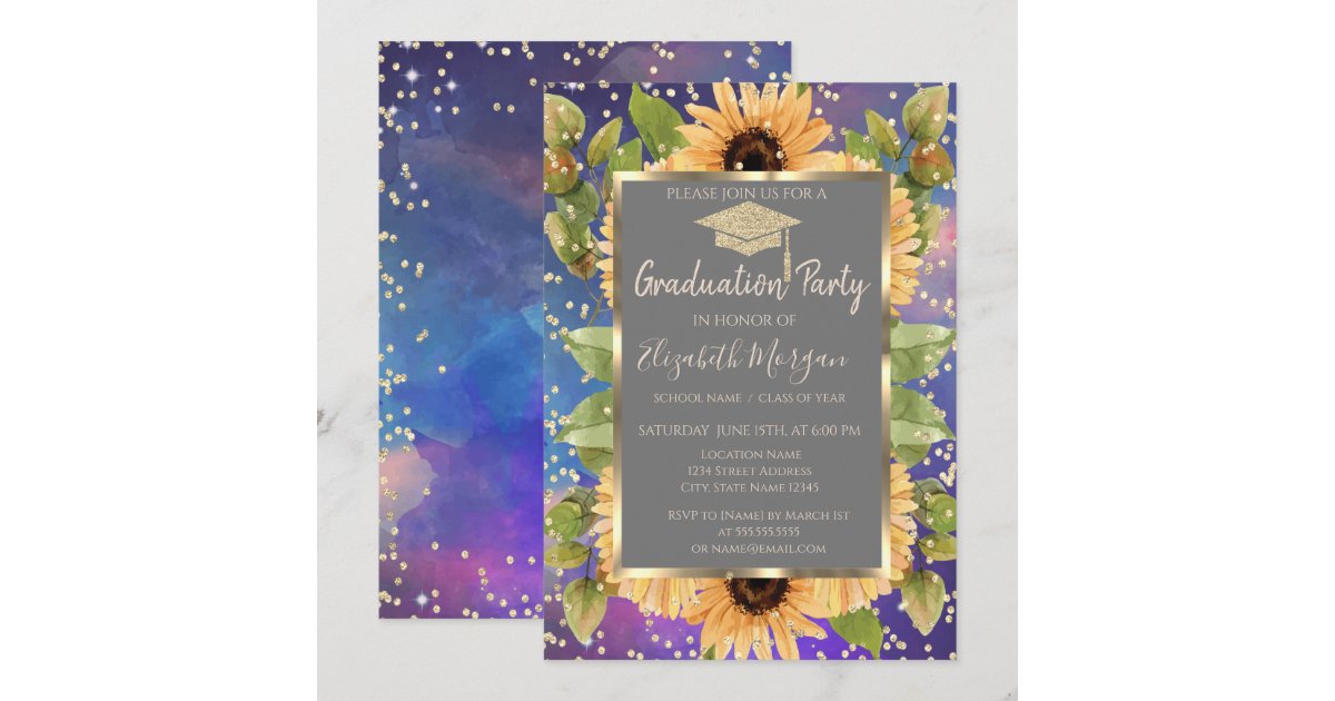 Diamonds Sunflowers Paint Splash Graduation Invitation | Zazzle